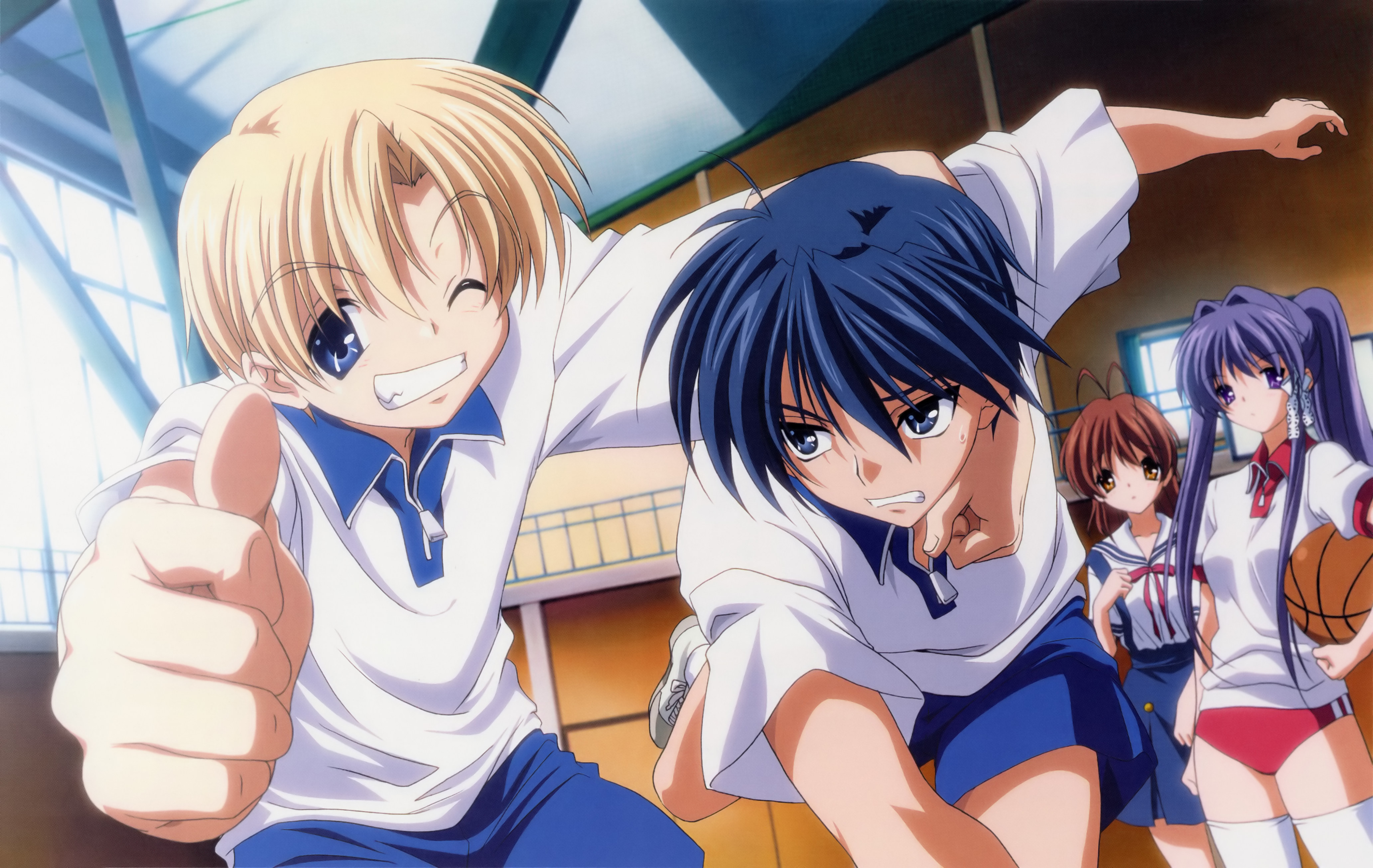 ikeda kazumi clannad fujibayashi kyou furukawa nagisa okazaki tomoya sunohara youhei gym uniform ...